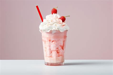 Un Vaso De Plástico Lleno De Un Batido De Fresa Cubierto Con Crema Batida Esponjosa De Pie Solo
