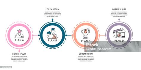 벡터 인포 그래픽 플랫 템플릿 원 네 라벨 다이어그램 그래프 프리젠 테이션 4 가지 옵션과 화살표가있는 비즈니스 개념 콘텐츠 순서도 단계 타임 라인 워크플로 마케팅