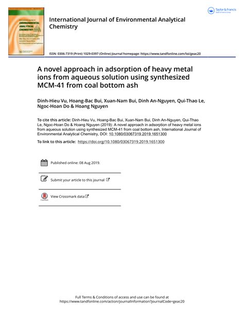 Pdf A Novel Approach In Adsorption Of Heavy Metal Ions From Aqueous Solution Using Synthesized