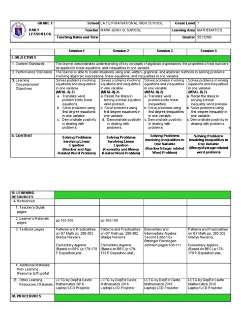 grade 7 dll 2nd quarter week 10 pdf equations mathematics