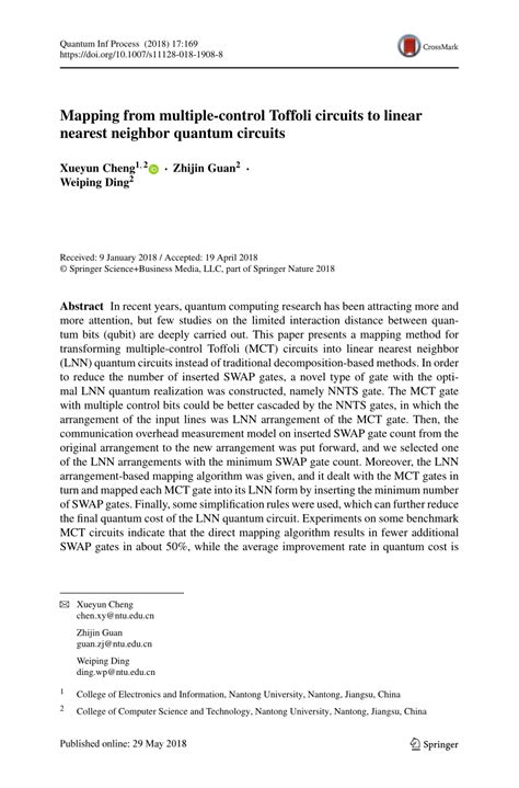 Pdf Mapping From Multiple Control Toffoli Circuits To Linear Nearest Neighbor Quantum Circuits