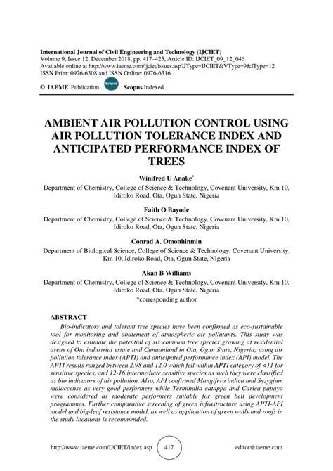 Pdf Ambient Air Pollution Control Using Air Pollution Tolerance Index And Anticipated