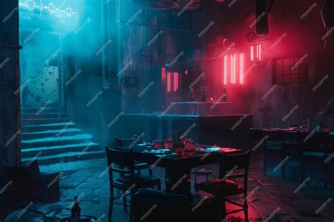 Moody Cyberpunk Bar With Neon Lights Fog And An Industrial Aesthetic
