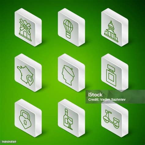 세트 라인 스쿠터 유리가 있는 와인 병 풍차 프랑스 남자 프랑스 지도 열기구 성 모양 하트 및 향수 아이콘 벡터 3차원 형태에 대한 스톡 벡터 아트 및 기타 이미지 Istock