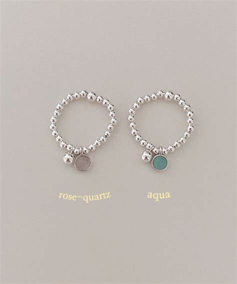 [925실버] 로즈쿼츠 아쿠아 원석 은 볼 고무줄 반지 에이블리