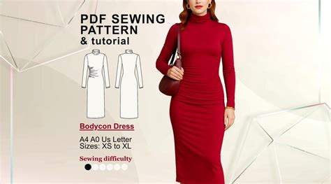 Turtleneck Bodycon Dress Sewing Pattern Side Ruched Midi Knit Pdf