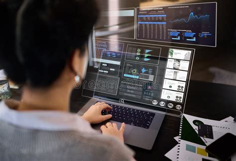 Woman Laptop Hologram And Dashboard Of Media Stock Market Data Or