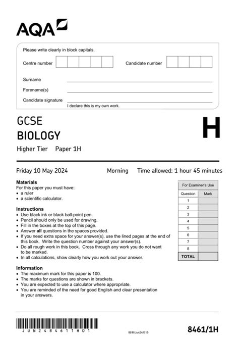 Aqa Gcse Biology Higher Tier Paper 1 And 2 June 2024 Question Papers And Mark Schemes Stuvia Us