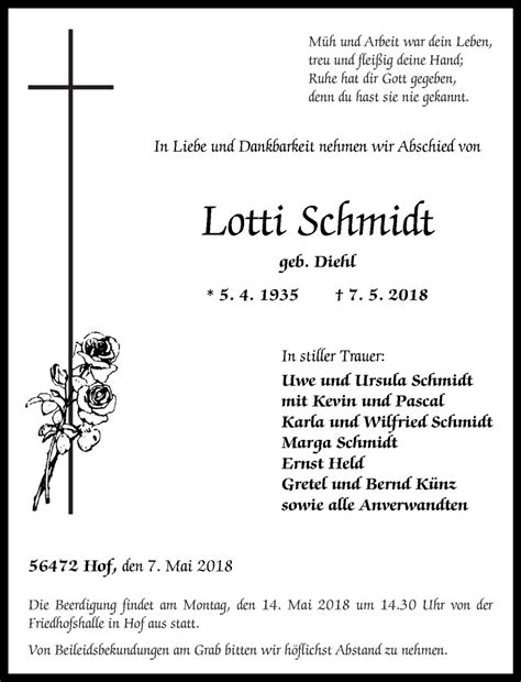 Traueranzeigen Von Lotti Schmidt Rz Trauer De