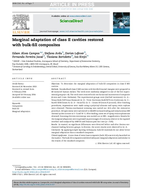 Pdf Marginal Adaptation Of Class Ii Cavities Restored With Bulk Fill Composites