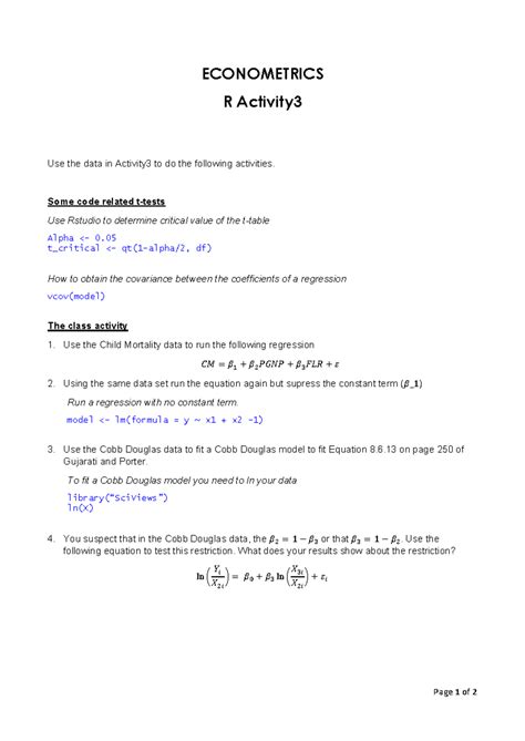 Econometrics R Exercise 3 Page 1 Of 2 Econometrics R Activity Use The Data In Activity3 To Do