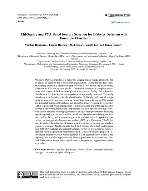 Pdf Chi Square And Pca Based Feature Selection For Diabetes Detection