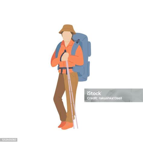 하이킹 배낭 모자 트레킹 스틱을 가진 여성 스포츠웨어를 착용한 젊은 탐험가 또는 여행자 모험 관광 여행 및 발견 평면 벡터