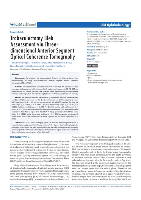 Trabeculectomy Bleb Assessment Via Three Dimensional Anterior Segment Optical Coherence