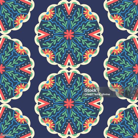 만다라와 매끄러운 패턴 추상적 인 꽃 식물 및 삼각형 형태의 기하학적 요소의 둥근 대칭 장식 장식 멕시코 민속 스타일 공휴일에 대한 스톡 벡터 아트 및 기타 이미지 Istock