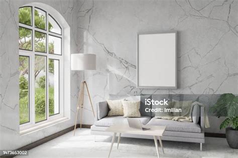 방 구석에 아늑한 거실 인테리어 햇빛 빛나는 물마루 창 현대 노트북과 플로어 램프 및 소파 테이블 복사 공간이있는 캔버스 가정 장식 개념 3d 그림 0명에 대한 스톡 사진