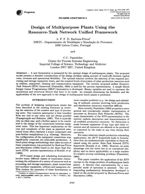 Design Of Multipurpose Plants Using The Resource Task Network Unified Framework Pdf