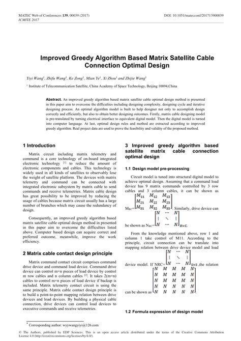 Pdf Improved Greedy Algorithm Based Matrix Satellite Cable Connection