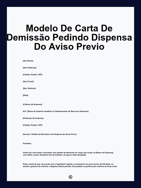 Modelo De Carta De Demissão Pedindo Dispensa Do Aviso Previo