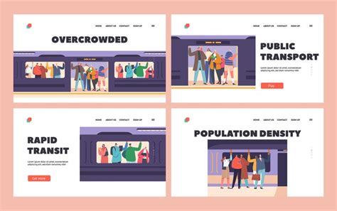 대중 교통 방문 페이지 템플릿 집합 지하철 출입구 승객에서 지하철에서 손잡이를 잡고 있는 사람들 프리미엄 벡터