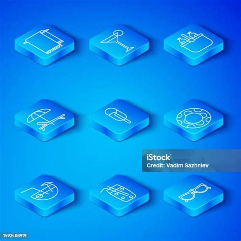 세트 라인 코코넛 칵테일 아이스크림 칵테일 및 알코올 음료 고무 수영 반지 쿨러 백 물 선베드 우산 수건 걸이 및 안경 아이콘 벡터 3차원 형태에 대한 스톡 벡터 아트 및