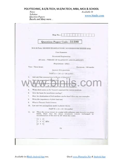 st 4101 theory of elasticity and plasticity old question paper pdf