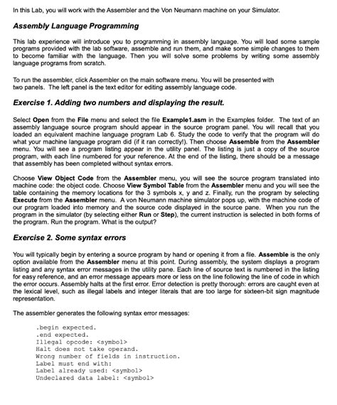 In This Lab You Will Work With The Assembler And The Chegg