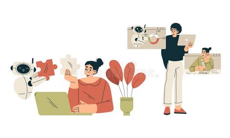 Artificial Intelligence Technology With People Character Interacting With Smart Bot Vector Set