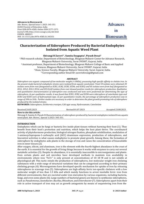 Pdf Advances In Bioresearch Characterization Of Siderophore Produced By Bacterial Endophytes
