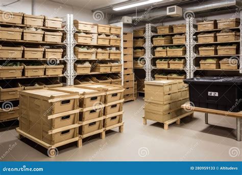 Large Scale Storage System With Crates Boxes And Bins Stock