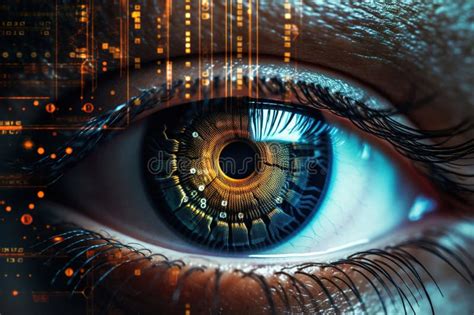 Macro View Of Eye With Cybernetic Iris Perfect For Topics On Surveillance Ai Biometric