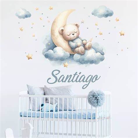 Adesivo De Parede Urso E Lua Com Nome Tons Pastel