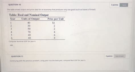 solved question 10 3 points the table shows output and price
