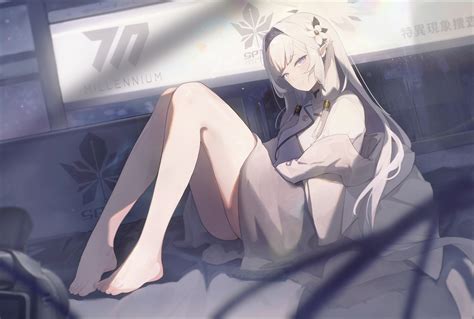 Akeboshi Himari Barefoot Bed Blue Archive Blush Gray Hair Headband Kumikoyo Long Hair Pointed