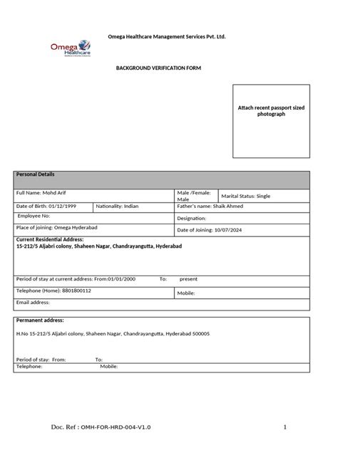 Background Verification Form Pdf