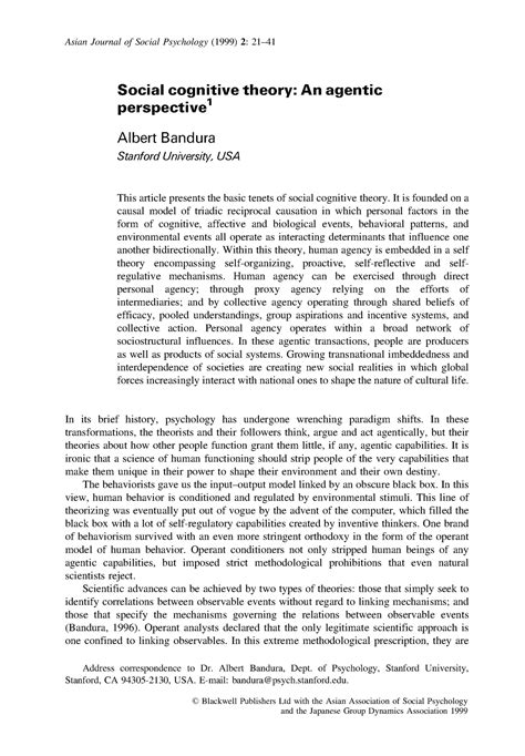 Mrr1 Assignment Social Cognitive Theory An Agentic Perspective 1 Albertbandura Stanford
