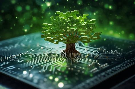 Tree Growing On The Converging Point Of Computer Circuit Board Green