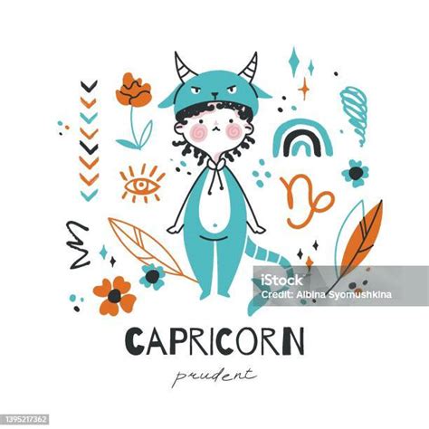 염소 자리 조디악 기호 그림 아이들을위한 점성술 별자리 기호 문자 디자인을위한 그래픽 요소가있는 다채로운 카드 레터링이있는 만화 스타일의 손으로 그린 벡터 염소자리에 대한