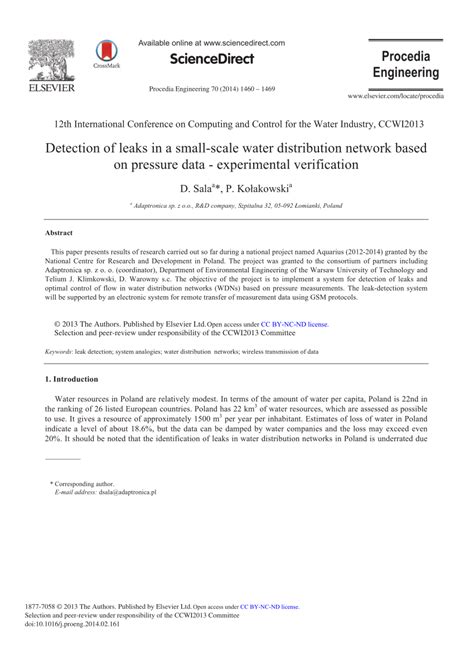Pdf Detection Of Leaks In A Small Scale Water Distribution Network Based On Pressure Data