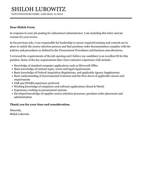 Subcontract Administrator Cover Letter Velvet Jobs