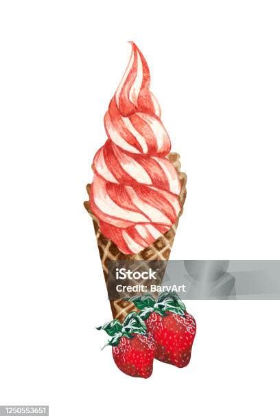 흰색 배경에 격리 된 수채화 스트로베리 아이스크림 콘 손으로 그린 그림 신선한 계단과 와플 콘에 붉은 아이스크림 과일에 대한 스톡 벡터 아트 및 기타 이미지 Istock