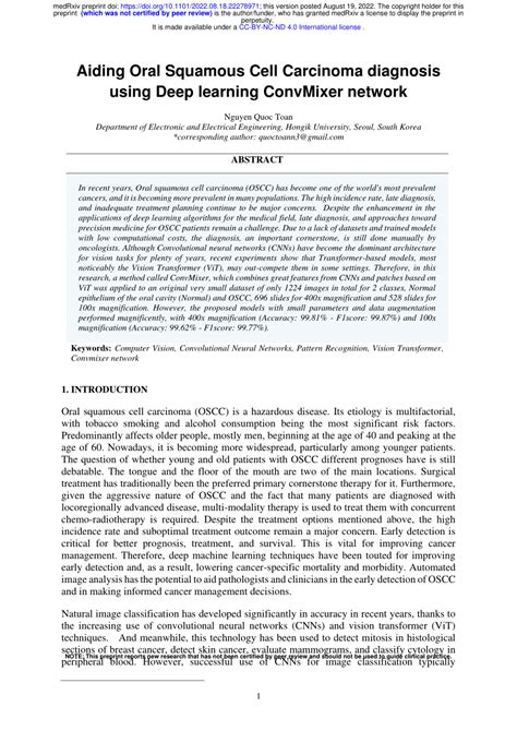 Pdf Aiding Oral Squamous Cell Carcinoma Diagnosis Using Deep Learning Convmixer Network