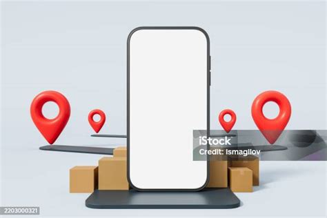 밝은 배경에 빈 화면 패키지 및 빨간색 위치 핀이 있는 스마트폰 모형 온라인 쇼핑 배송 및 추적의 개념 3d 렌더링 3차원 형태에 대한 스톡 사진 및 기타 이미지 Istock