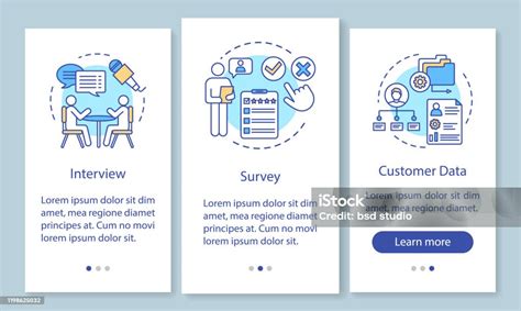 고객은 선형 개념으로 모바일 앱 페이지 화면에 온보딩하는 방법을 프로파일합니다 인터뷰 설문 조사 고객 데이터 연습 단계 지침