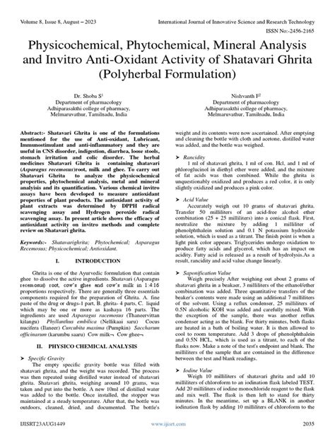 Physicochemical Phytochemical Mineral Analysis And Invitro Anti Oxidant Activity Of Shatavari