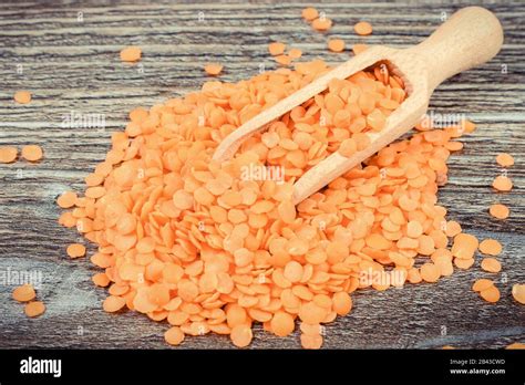 Heap Of Red Lentil With Wooden Spoon Healthy Eating Containing Natural