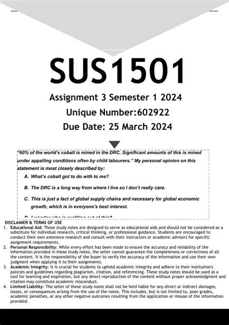 Sus1501 Assignment 3 Answers Semester 1 2024 602922 Distinction