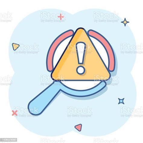 코믹 스타일의 위험 분석 아이콘 느낌표 돋보기 흰색 고립 된 배경에 만화 벡터 그림 주의 스플래시 효과 비즈니스 컨셉 검색에