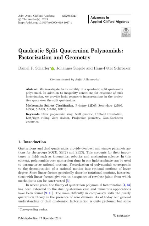 pdf quadratic split quaternion polynomials factorization and geometry