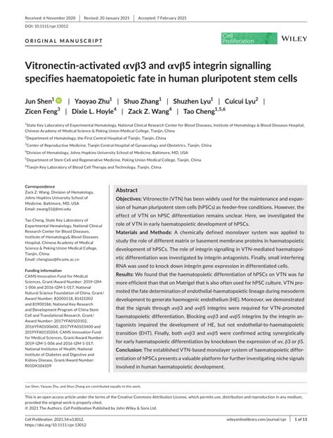 Pdf Vitronectin‐activated αvβ3 And αvβ5 Integrin Signalling Specifies Haematopoietic Fate In